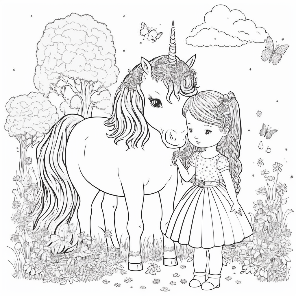 Disegno di un Unicorno e una bambina da colorare